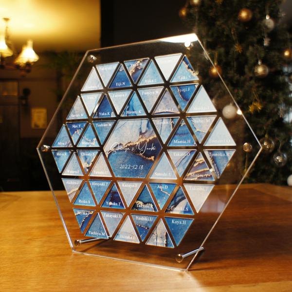 アルコールインクアート調ディープブルーピースのゲスト様とみんなで作る参加型結婚証明書です。ゲスト様にお名前が入ったピースをはめ込んでいただき、最後に新郎新婦様が中央のプレートをはめ込んで完成致します。祝福がつまった結婚証明書は、結婚式後もイ...