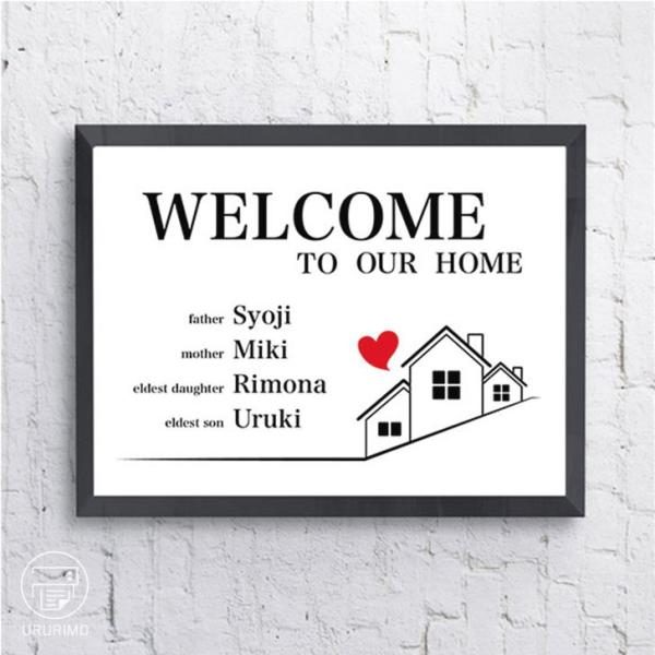 モノトーンでおしゃれなウェルカムポスターです。オーダーメイドでご家族様のお名前が入れられます。お客様を家族みんなでお出迎えしてくれる温かみのあるデザインです。玄関のインテリアなどにぜひおすすめです。モノトーンでシンプルなデザインなので、お花...
