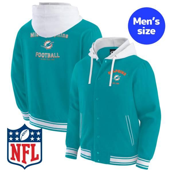商品名：NFL公式 メンズ アウター スタジャン マイアミ・ドルフィンズ Miami Dolphins Full-Snap Hoodie Jacket・NFL・NBA・MLB・NHLなど世界的に人気のプロスポーツリーグ公式ライセンス商品を展...