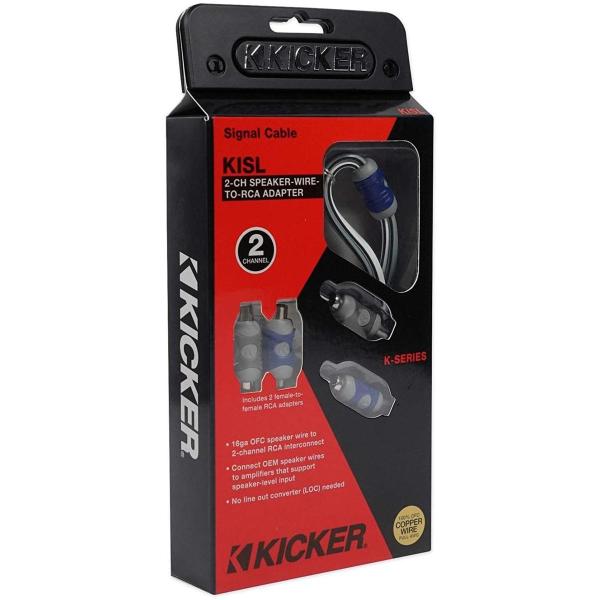 Kicker 新型Kシリーズ 2ch スピーカーワイヤー/RCAアダプター(メスジョイントコネクタ2個含む)KISL(46KISL)です。注意:no LOC(スピーカーライン出力変換なし)国内定価:\4,400メーカー商品情報:こちら日本代...