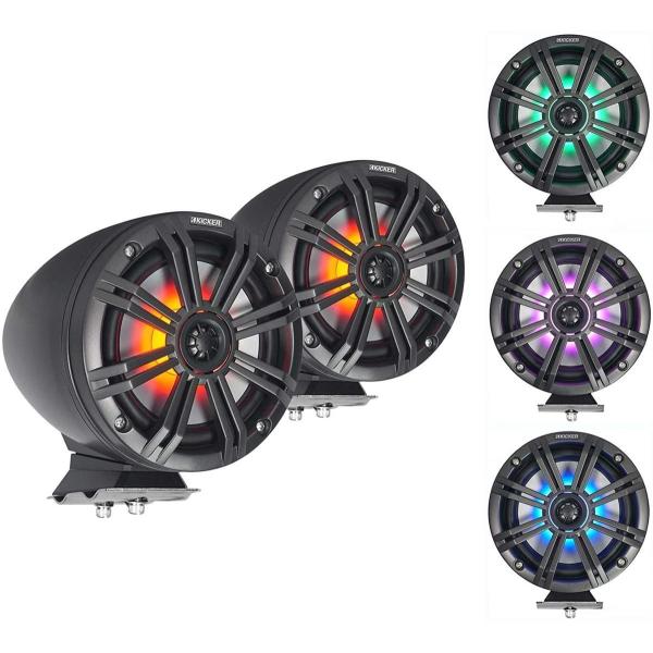 Kicker KMFCシリーズ LED付 16.5cm (6.5インチ) コアキシャルマリーンタワーシステム KMFC65 (46KMFC65、黒色、1ペア分) です。瞬間最大入力:195W,定格入力:65W,能率:90dB,再生周波数帯:...