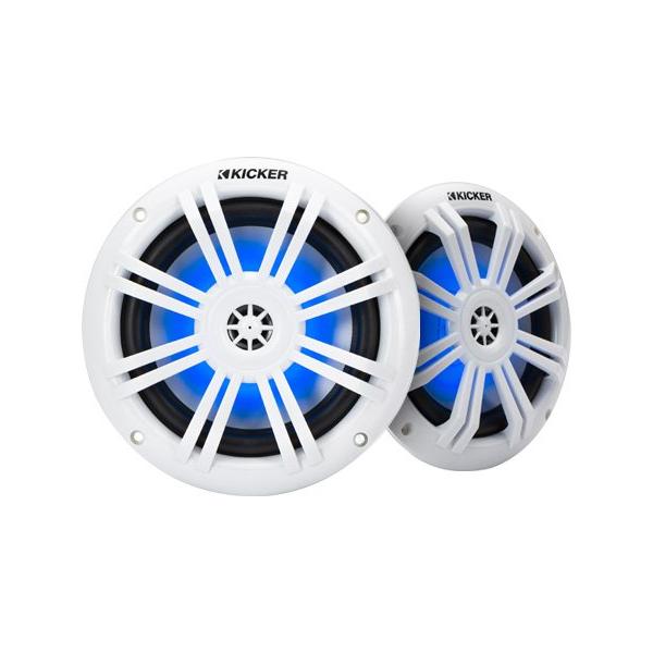 Kicker ブルLED搭載、湿気環境に強いマリーングレード 16.5cm（6.5"）2-Wayコアキシャルスピーカー KM604WL（49KM604WL）（白色グリル、ペア）です。定格入力：15-50W、瞬間最大入力：150W,能率：90...