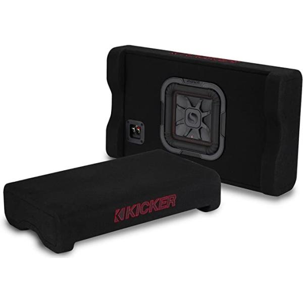 Kicker L7Tシリーズ 25cm（10インチ）ウーハー使用下向き設置タイプ（Down-Firing）の薄型純正ウーハーBOX 49L7TDF102です。入力：250〜500Ｗ/1000W（RMS/最大）,周波数特性：25Hz〜100H...
