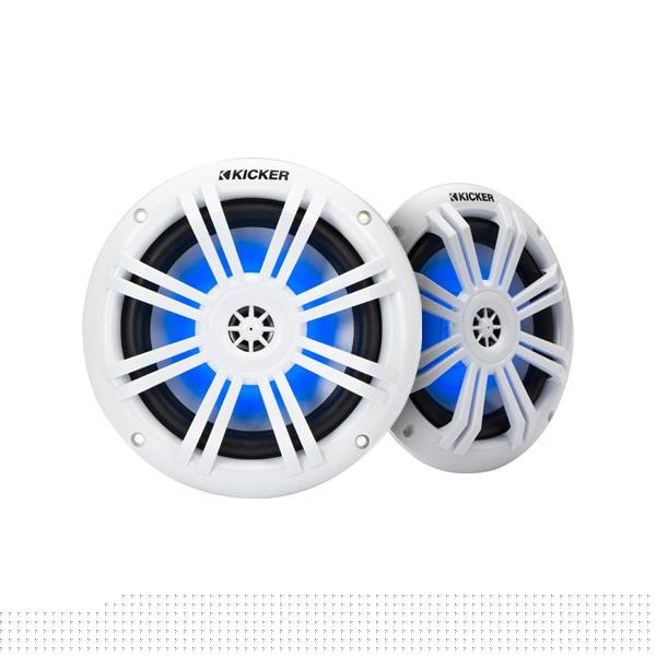 Kicker ブルーLED搭載、湿気環境に強いマリングレード 16.5cm (6.5") 2-Wayコアキシャルスピーカー KM604WL (51KM604WL) (白色グリル、ペア) です。定格入力：15-50W、瞬間最大入力：150W,...