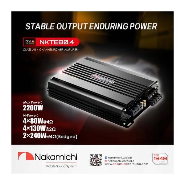 音楽の感動を世界の人々に伝える日本が誇る高品質ブランド Nakamichi NKTEシリーズ 小型 Class AB 4chパワーアンプ NKTE80.4です。最大出力：2200W,定格出力（N-Power）：80W×4ch（4Ω）,130...