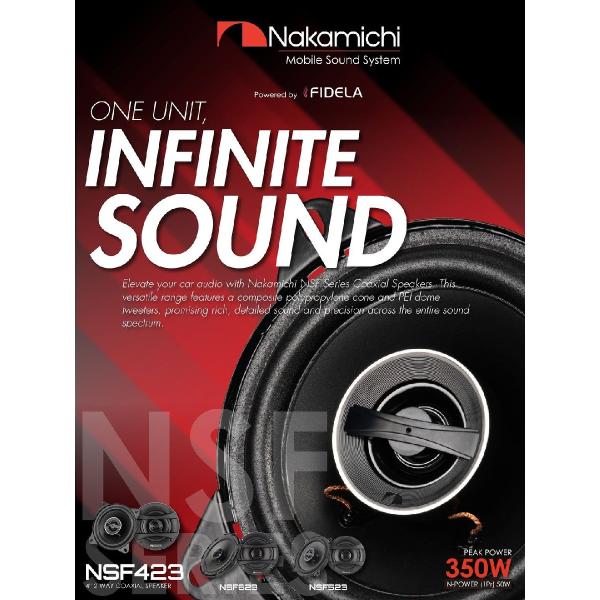 音楽の感動を世界の人々に伝える日本が誇る高品質ブランドNakamichi NSFシリーズ 2-Way 10cm（4インチ）コアキシャルスピーカー NSF423（ペア）です。最大瞬間（Peak Power）：350W,定格入力（N-Power...