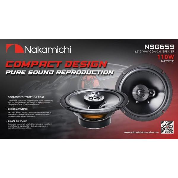 音楽の感動を世界の人々に伝える日本が誇る高品質ブランド Nakamichi NSGシリーズ 3-Way 16.5cm（6.5インチ）コアキシャルスピーカー NSG659（ペア）です。最大瞬間（Peak Power）：770W（1ペア）,38...