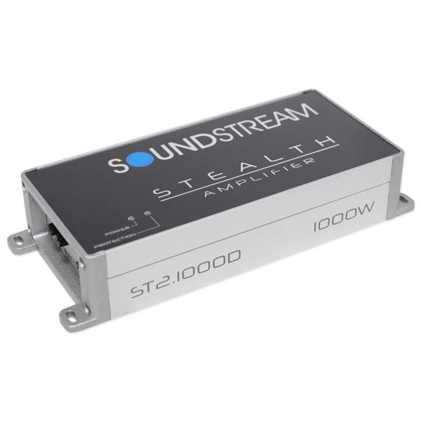 Soundstream 人気のSTEALTH(ステルス)シリーズ 超小型 Class D 2-ch パワーアンプ ST2.1000Dです。最大出力：1000W、定格出力(14.4V)：2chx140W(4Ω);2chx250W(2Ω),ブリ...