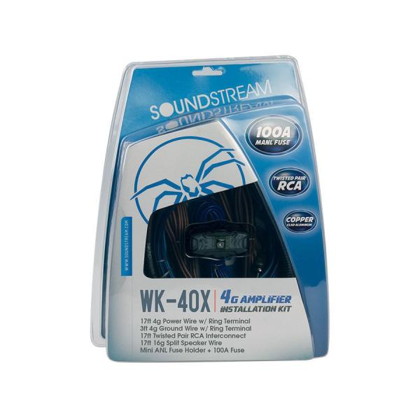 Soundstream 4ゲージアンプ配線キットWK-40Xです。 ●4ゲージ電源ケーブル：17ft (約549cm)●4ゲージグランドケーブル：3ft (約91cm)●16ゲージスピーカーケーブル：25ft (約762cm)●ツイスト構造...
