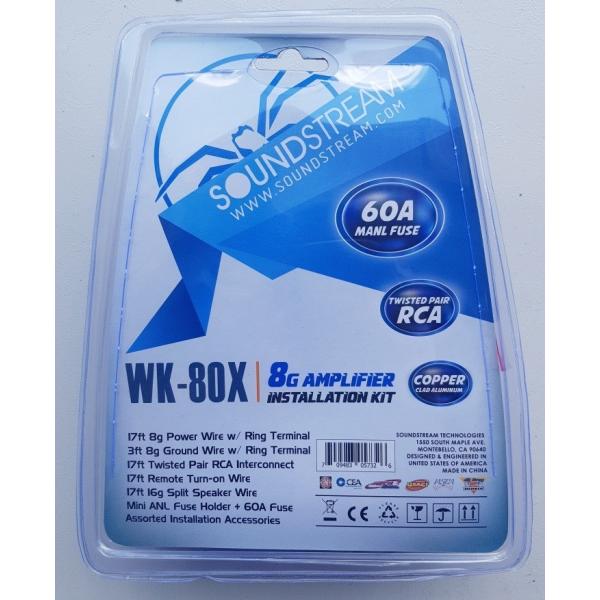 Soundstream 8ゲージアンプ配線キットWK-80Xです。 ●8ゲージ電源ケーブル：17ft (約518cm)●8ゲージグランドケーブル：3ft (約91cm)●16ゲージスピーカーケーブル：17ft (約518cm)●ツイスト構造...