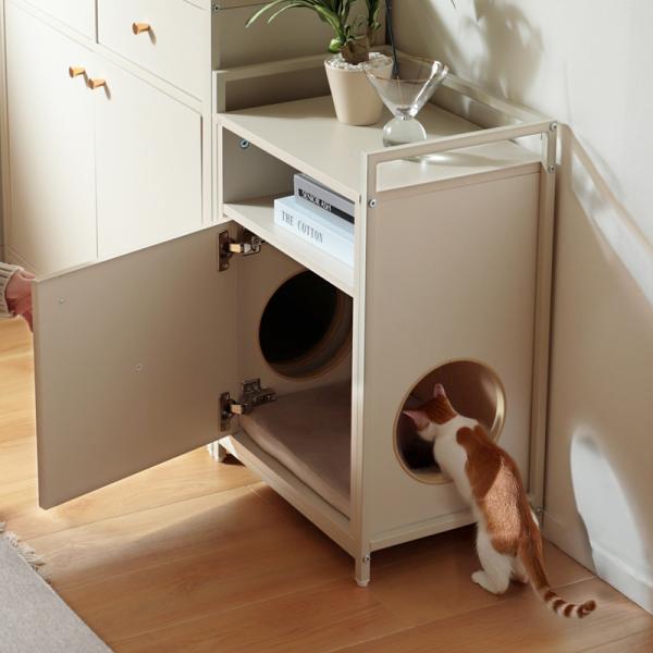 ■特長コンパクトながらチェストとしても使えるキャットウォーク。本体側面に猫が出入りするための穴が空いています。猫の寝室やトイレを置くためにしようするのもおすすめです。部屋の景観はおしゃれに保ちつつ猫との楽しい時間をお過ごしいただけます。■サ...