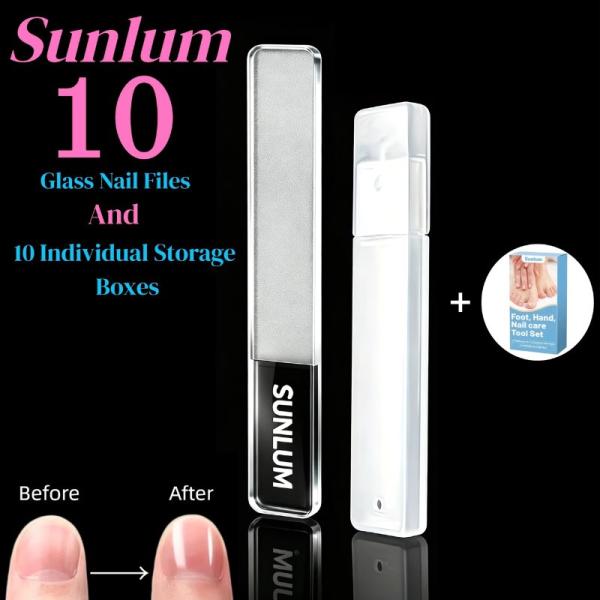 SUNLUMブランドナノガラスネイルファイルセット 20本 - ガラスファイル10本と収納ボックス10個、合計20個入り。マニキュアのシェイプアップ用粗め・細めネイルファイル、研磨と輝きを高めるスクレーパーファイル、ネイルサンディングとシェ...