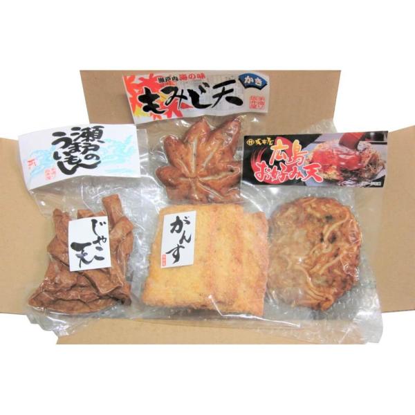 ◆商品説明[メーカー]坂井屋[商品内容]がんす3枚入り×1、じゃこ天(スティック)1袋、お好み天1枚、もみじ天(かき)1枚[商品サイズ]約19×26.5×9.5cm[賞味期間]がんす：7日その他：30日※発送日含む[保存方法]冷蔵(1度から...