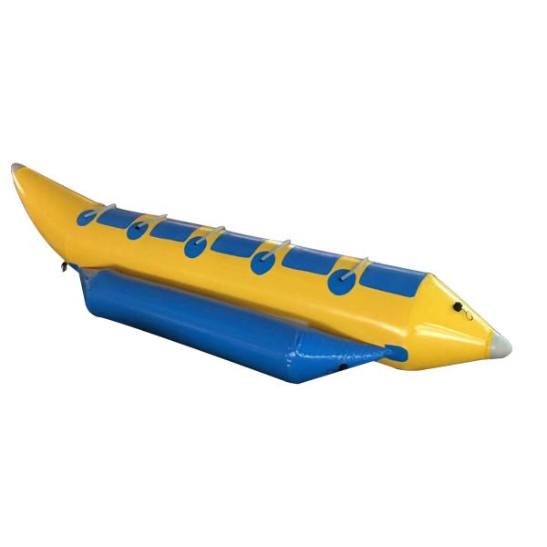 品名 バナナボート 5人乗りサイズ 長さ3.9m×幅1.1m素材 UVに強いPVC材料カラー イエロー＋ブルーセット内容 バナナボート／エアポンプと交換用ヘッド5つ特徴 多様なシーン対応　大サイズ　密閉性　耐寒性　耐久性　 水上OK　雪上O...