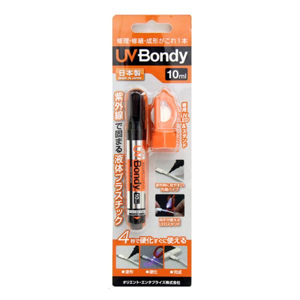新世代の接着剤。UVライト4秒で瞬時に硬化します。日本製の紫外線硬化液体プラスチックです。付属のUVライトを4秒照射するだけで硬化します。修理・修繕・成形がこれ1本で行えます。品　番：UB-S10内容量：10mL付属品：UV LEDライト（...