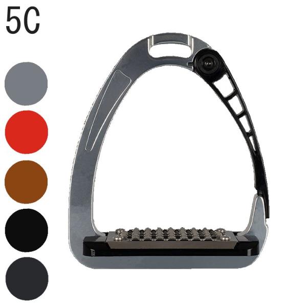 アルミニウム製、開閉するバーはポリアミド製。万が一の際に鐙から足が離れるセーフティ鐙。片側約370gと軽量。踏面はギザギザのステンレス製。鐙の安定感が増します。衝撃吸収の役割も果たし、障害競技にも馬場馬術にも最適。見た目も美しく、耐久性のテ...