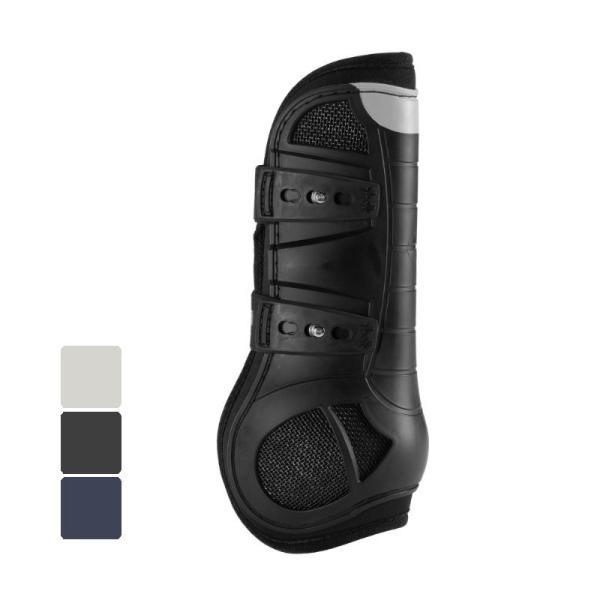 前肢、腱保護用（オープンフロント）内側はソフトで通気性にも優れたネオプレーン素材。外側は頑丈なシェル仕様です。メッシュ地の通気口が2箇所空いており、さらに熱がこもりにくい仕様。2箇所のエラスティックバンドをシルバーの突起にかませて止めます。...