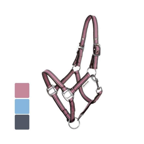 ワンタッチ脱着。柔らかなナイロン製。「ブルー」はネイビーとライトブルーのツートン。「ピンク」はブラウンとピンクのツートン。鼻回りと天井を調節可能。天井は両側から調整可能です。金具はシルバー。小さなポニー向け。天井54〜66cm鼻回り48〜5...