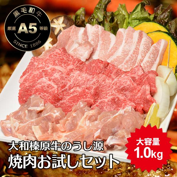 【商品名】うし源本店焼肉お試しセット【名称】焼肉お試しセット 1.0kg【おすすめポイント】うし源品質をお確かめいただけるお得なセット。大和榛原牛（黒毛和牛A5等級）カルビに大和美豚の豚トロ、銘柄鶏のモモ肉、粗挽きウィンナーの大容量1.0k...