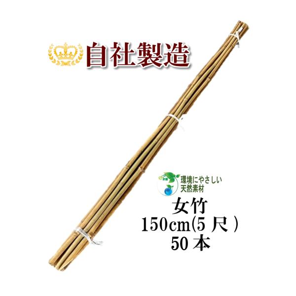 サイズ：150cm（5尺）×50本梱包この竹はベトナム産で、ＳＤＧｓの一環として弊社が現地に設立した竹加工工場で生産しております。女竹は、しなやかで粘り強く丈夫な竹です。測量の際、杭が隠れてしまう時の目印や、農業用の支柱として幅広くご利用い...