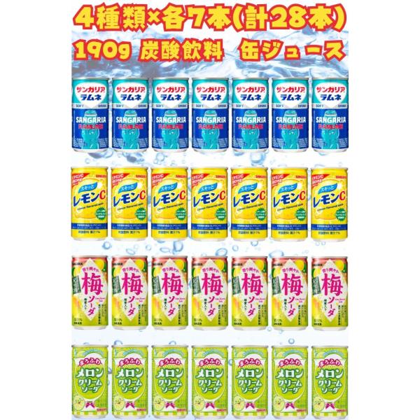 「商品情報」説明商品の説明190g 4種の缶ジュース28本まとめ買いセット商品になります。 個人購入はもちろん文化祭や地域の行事などイベント用にもご活用できます。原材料・成分商品ラベル参照「主な仕様」?【 4種類 × 各7本 (計28本)】...