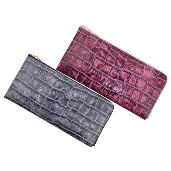 素　材：牛革サイズ：H9.5×W19.5cm仕　様：　L字ファスナー長財布　後面：ファスナーポケット×1　本体内部：小銭入れ×1・アテポケット×2・カード入れ×12店長より一言：上品な色遣いと豪華なクロコの型押しが特徴的です。L字ファスナー...