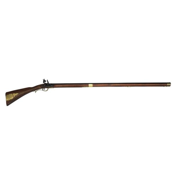 金属と木材で作られたフリントロックライフル銃の複製です。USA 19世紀 148.5cmデニックス社のピストル、ライフルは装飾品として製造されていますので、トリガー、ハンマーの作動不良や故障は保証対象外となります。装飾品としてお楽しみください。