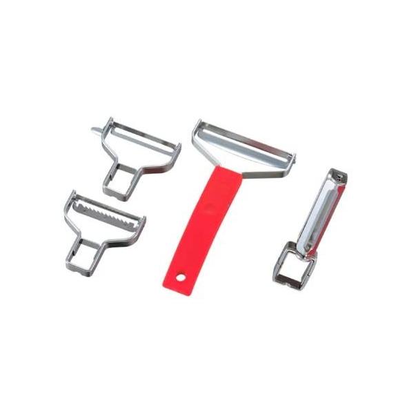 セット内容 ：ワイド刃×１普通刃×１サラダ刃×１フルーツ刃×１ハンドル×１材質 ：刃・ステンレス刃物鋼フレーム：１８−８ステンレスハンドル：ナイロン樹脂包装 ：１ケ箱入り生産国 ：日本ボタン一つで刃を簡単に交換できます。刃の種類１.ワイド刃...