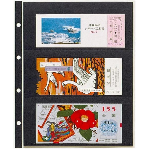 小型紙幣やチケットなどを納められるコレクションアルバム台紙です。1パック10枚入りなので、たくさんのコレクションを整理できます。黒台紙で両面収納タイプです。●品番／CA-303S●本体サイズ／H262×W220×D5mm●ポケットサイズ／1...