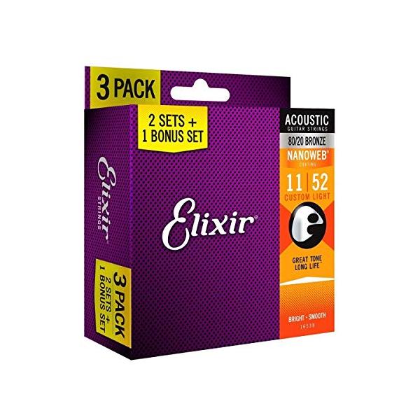 Elixir（エリクサー）のアコースティックギター弦「2セット+1ボーナスセット NANOWEB 80/20ブロンズ Custom Light .011-.052 #16538」は、優れた耐久性とブライトなサウンドが特徴の製品です。この商品...