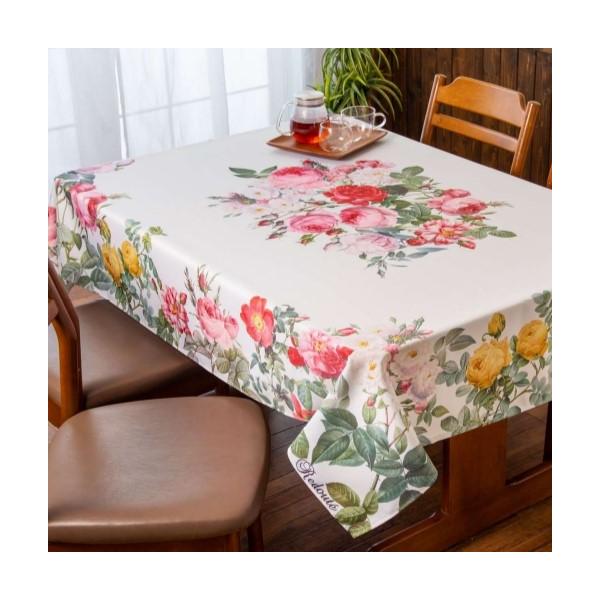 上品なルドゥーテローズのテーブルクロス。テーブル全体がお花畑のよう。華やかなローズブーケが中央に。裾は鮮やかな薔薇柄で美しいです。一枚でお部屋や明るくなり、ダイニングを囲む時間も楽しくなります。撥水加工が施してあり、水分をはじいてくれ汚れが...