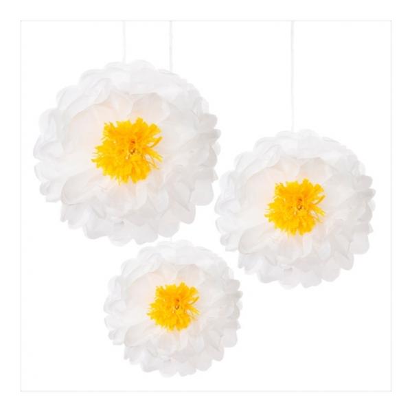 "イギリスTalking Tablesブランド。Decadent Decsシリーズのお花の形をしたポンポン飾りです。白いお花に黄色の雄しべのデイジーの様なカラーリングがかわいい。他のペーパーポンポンやハニカムボールとバランス良く飾るとパーテ...