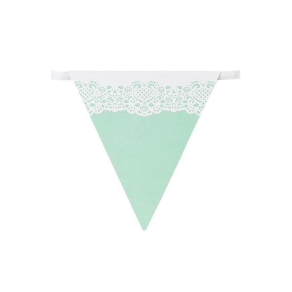 "イギリスTalking Tablesブランド,Lace Mintシリーズのバナー（ガーランド）です。やさしいミントグリーンにレースの装飾がプリントされています。ホワイトのサテンリボンでつながれています。壁に飾り付けたり、丸テーブルにグルっ...