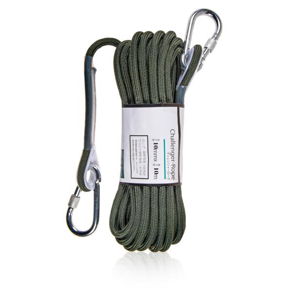 【商品概要】表記強度は破断強度です。実際の使用には0.15-0.1の安全率を参考に荷重をかけてください。サイズ : 太さ約10mm×長さ約10mカラー : アーミーグリーン破断強度 : ロープ : 1660kgf・カラビナ : 910kgf...