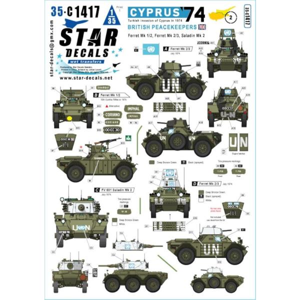 【商品概要】プラモデル用デカール。別途、工具等が必要。1/35スケール プラモデル用デカール1974年のトルコのキプロス侵攻でイギリス軍が平和維持部隊として派遣したフェレットMk.1/2、フェレットMk.2/3、サラディンMk.2装甲車のマ...