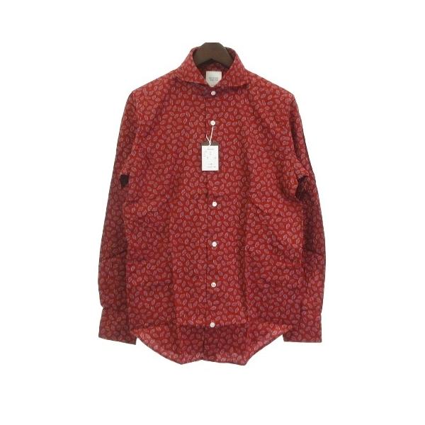 未使用品 センティネルディサイド SENTINEL DECIDE タグ付き リネン混 シャツ ホリゾンタルカラー 総柄 長袖 赤系 レッド 46 M位 ■GH【表記サイズ】46【実寸サイズ】肩幅：41.5cm　身幅：50cm　着丈：76cm...