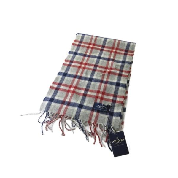 未使用品 ロンドントラディション LONDON TRADITION マフラー チェック フリンジ ウール グレー レッド ネイビー メンズ【実寸サイズ】全長（フリンジ含まず）：180cm　幅：29cm　　【素材】毛100％【色】グレー レッ...