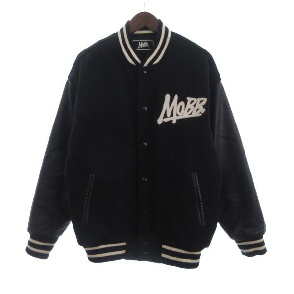 モブ MOBB スタジャン ブルゾン ワッペン ロゴ ライン 黒 ブラック M  【表記サイズ】M【実寸サイズ】肩幅：55cm　身幅：58cm　袖丈：56cm　着丈：68cm　　【素材】表地 ポリエステル 毛　裏地 ナイロン　袖生地  合成...