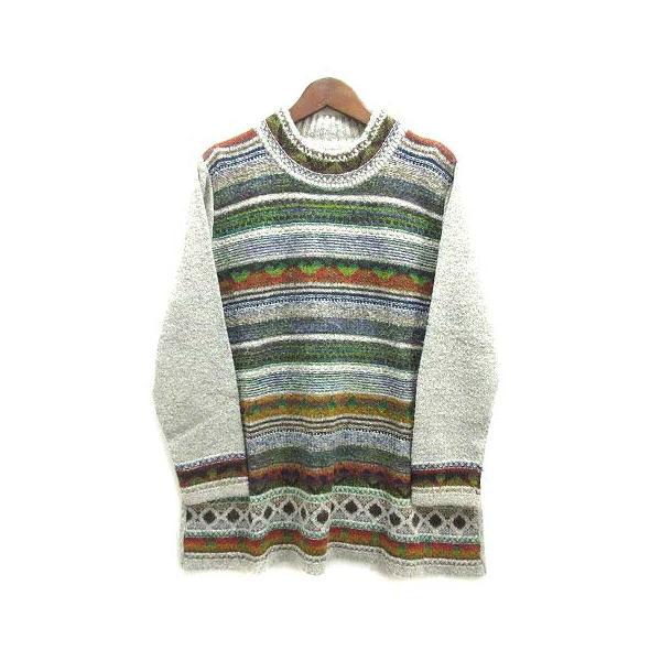 CONTOUR PRODUCED BY AISO モックネック ニット セーター ハート ボーダー 長袖 ウール グレー 灰 マルチカラー レディース【表記サイズ】表記がないため記載できません。実寸サイズをご参考ください。【実寸サイズ】肩幅...