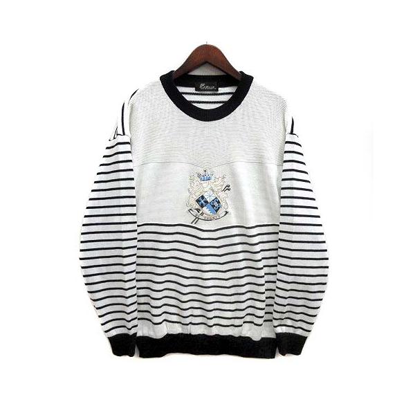 F.J.K CLUB ボーダー ニット セーター 長袖 エンブレム刺繍 ホワイト ブラック 白 黒 LL メンズ【表記サイズ】LL【実寸サイズ】肩幅：55cm　身幅：60cm　着丈：71cm　袖丈：58cm　　【素材】綿70％、アクリル30...