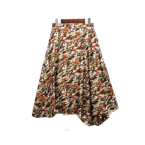 ミホコサイトウ MIHOKO SAITO シルク アシンメトリー フレア ロング スカート ホース 総柄 ブラウン 茶 38 レディース【表記サイズ】38【実寸サイズ】ウエスト：70cm　ヒップ：100cm　スカート丈：(最長)87cm　　...
