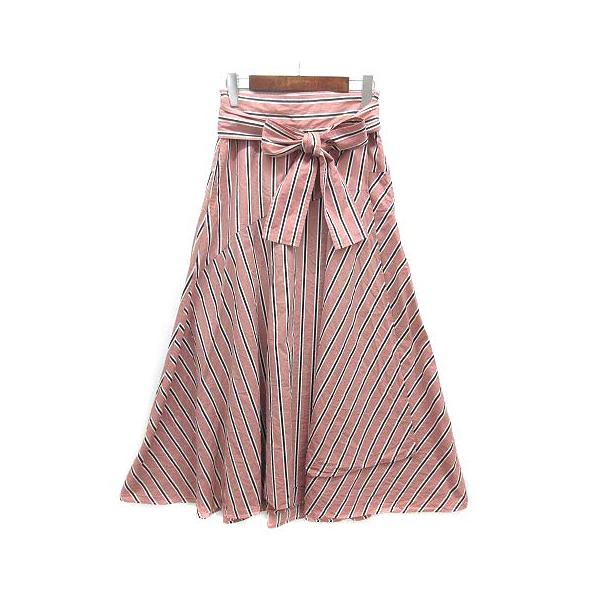 キヌア QUINOA  ロング丈 ラップ スカート ストライプ ピンク レディース【表記サイズ】表記なし※実寸サイズでご確認ください。【実寸サイズ】ウエスト：74cm　ヒップ：110cm　スカート丈：92cm　　【素材】綿 100％【色】ピ...
