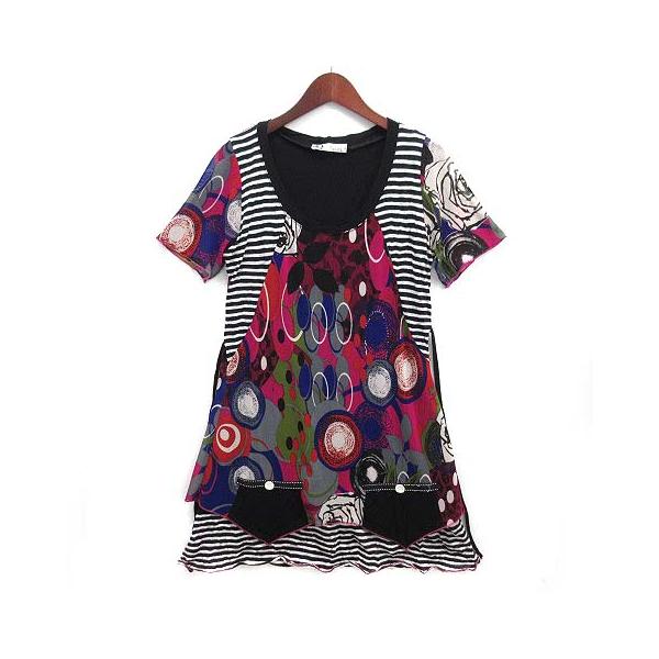 QUINZE heures TRENTE 総柄 チュール レイヤード チュニック 半袖 マルチカラー 2 フランス製 レディース【表記サイズ】2【実寸サイズ】肩幅：34cm　身幅：41cm　袖丈：22cm　総丈：81cm　　【素材】ポリエス...