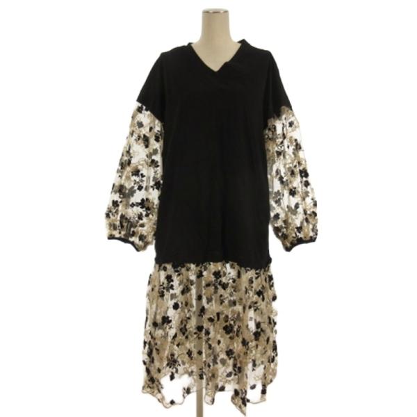 アシメスタイル asymme style レース切替 ワンピース ブラック M ■FF レディース【表記サイズ】M【実寸サイズ】身幅：53cm　着丈：113cm　ゆき丈：80cm　　【素材】綿 ポリエステル【状態】多少の使用感がございますが...