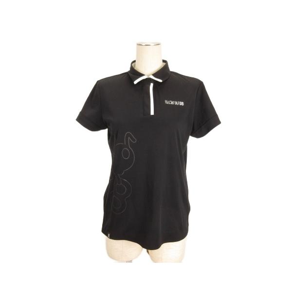 8YARDS ポロシャツ 半袖 ロゴ ハチプリント M ブラック ゴルフウエア レディース【表記サイズ】M【実寸サイズ】肩幅：37cm　身幅：45cm　袖丈：15cm　着丈：59cm　　【素材】ポリエステル【色】ブラック【状態】襟元に薄汚れ...