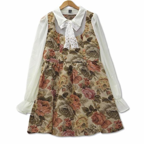 SHEIN シースルーブラウス ゴブラン 切り替え ワンピース L ベージュ レディース【表記サイズ】レディース　L【実寸サイズ】肩幅：36cm　身幅：47cm　着丈：86cm　袖丈：72cm　　【素材】ポリエステル100％【色】BEIGE...