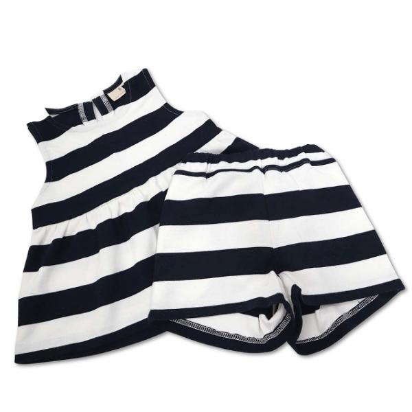 プティマイン petit main ビッグリボン 太ボーダー ショートパンツ セットアップ ネイビー 100 キッズ【表記サイズ】キッズ 100【実寸サイズ】肩幅：19cm　身幅：28cm　着丈：35cm　ウエスト　約39-42cm　裾幅 ...