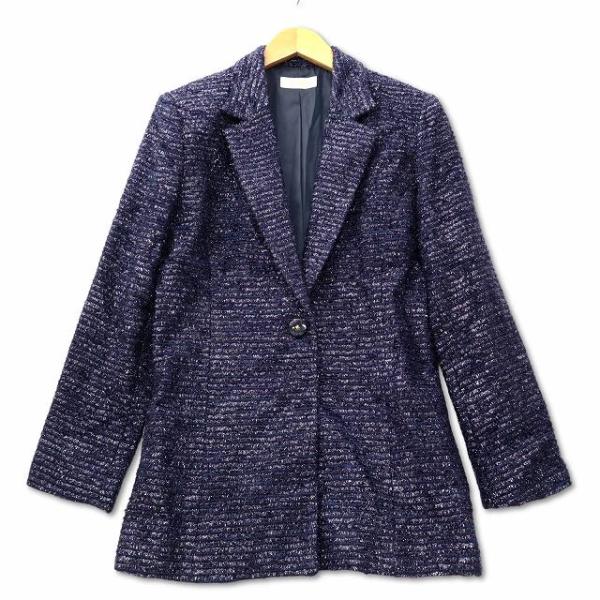 Sun Wind ラメ シャギー テーラード ジャケット 7 ネイビー レディース【表記サイズ】レディース　7【実寸サイズ】肩幅：39cm　身幅：45cm　着丈：68cm　袖丈：57.5cm　　【素材】表地　毛60％ ナイロン25％ レーヨ...