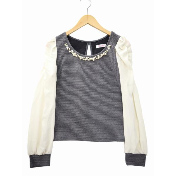 ByeBye ラウンドネック シアースリーブ ビジュー ニット カットソー M GRAY(グレー) 春秋 レディース【表記サイズ】レディース:M【実寸サイズ】肩幅:約30.5cm　身幅:約44cm　袖丈:約56cm　着丈:約cm　【素材】表...