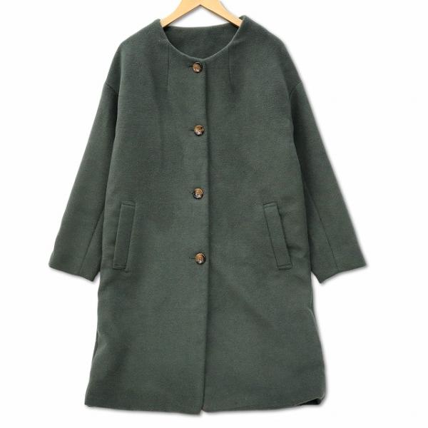 Freude しまむら ウール ブレンド ノーカラー コート M グリーン レディース【表記サイズ】レディース　M【実寸サイズ】肩幅：54cm　身幅：52cm　着丈：94cm　袖丈：48.5cm　　【素材】表地　ポリエステル75％ 毛25％...